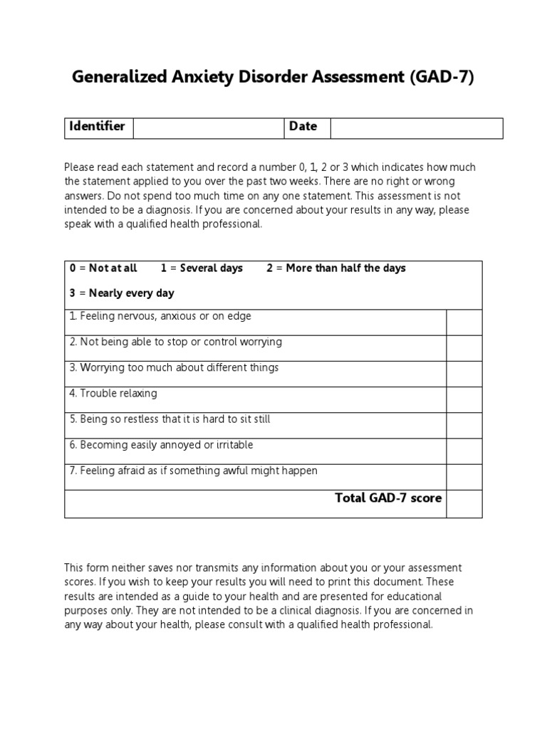GAD-7 Assessment Form PDF | PDF