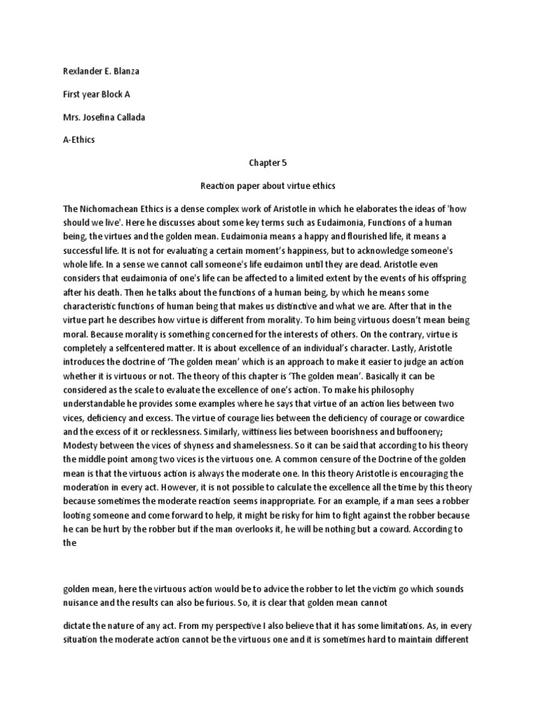 Ethics Chapter 5 Reaction Paper | PDF | Virtue | Psychology
