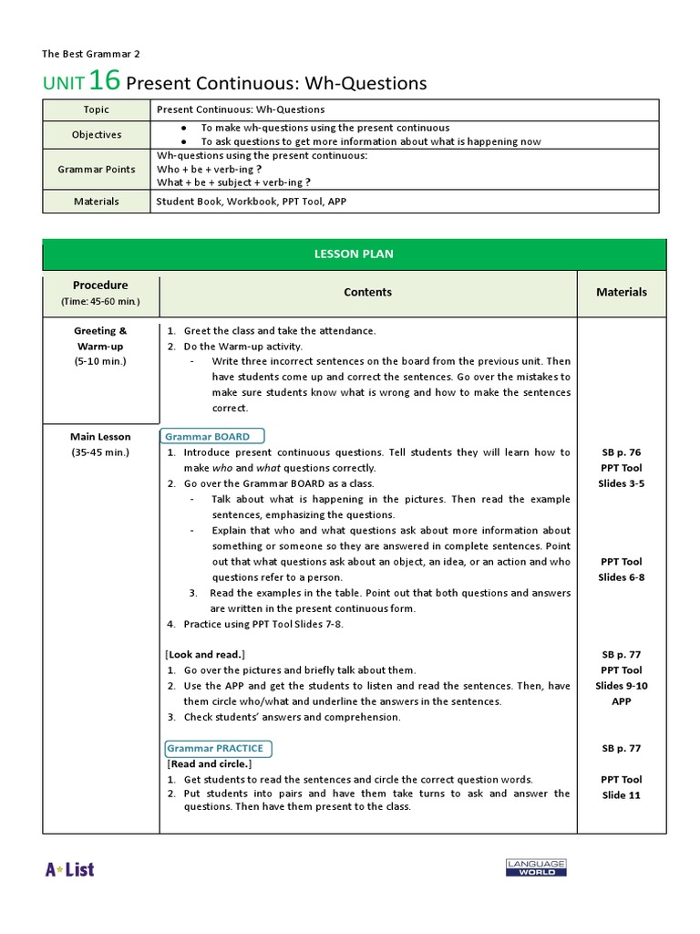 TBG2 Lesson Plan Unit16 | PDF | Question | Lesson Plan