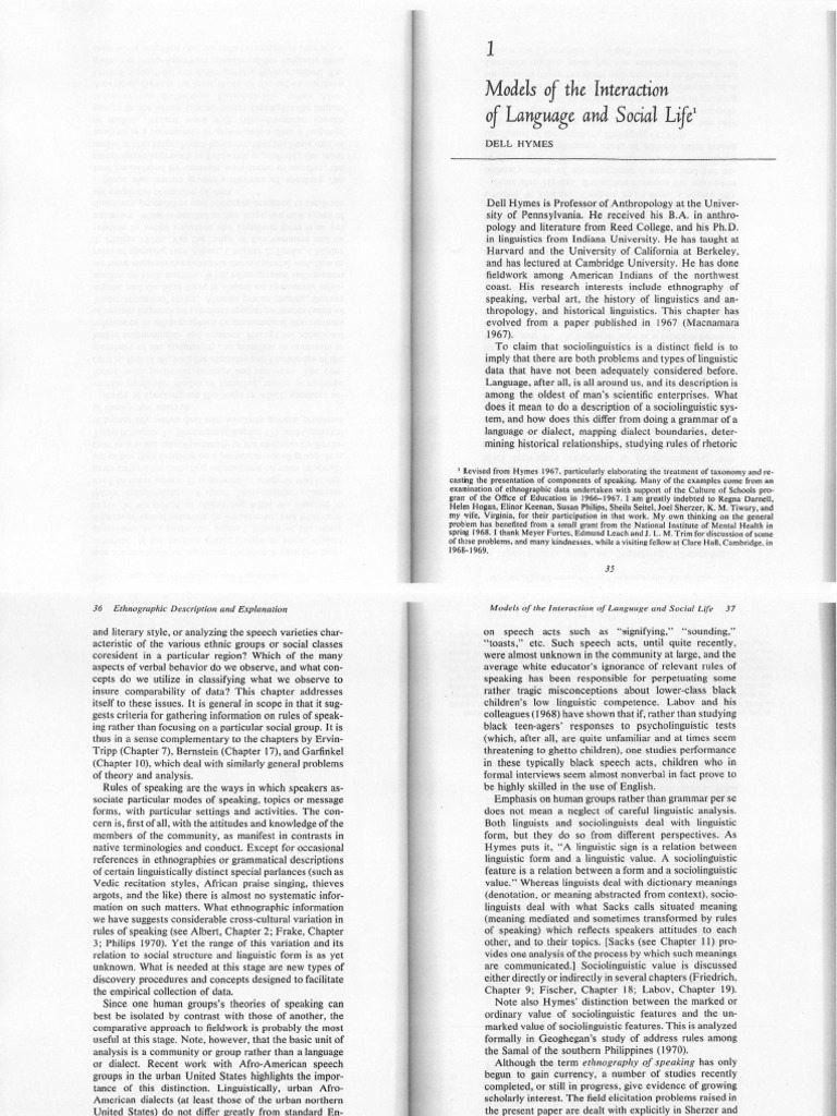 Hymes - 1972 - Models of The Interaction of Language and Social Life | PDF