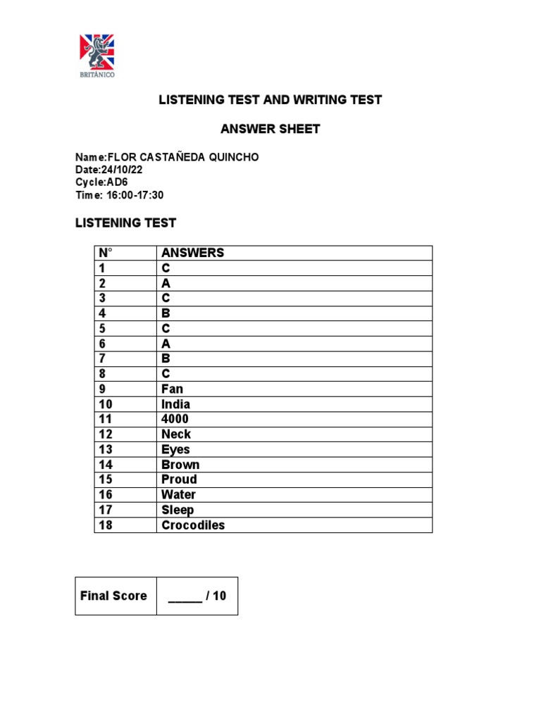 Listening Test and Writing Test - Answer Sheetflorcastaañeda Ad06 | PDF