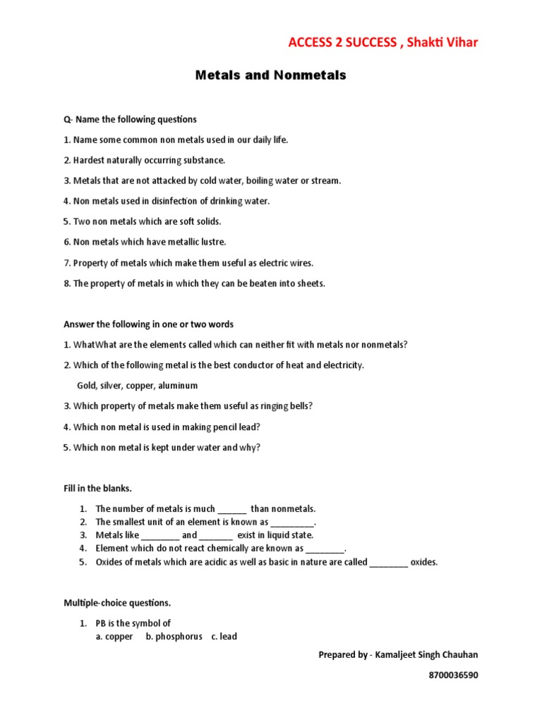 Metals and Non Metals Worksheet | PDF