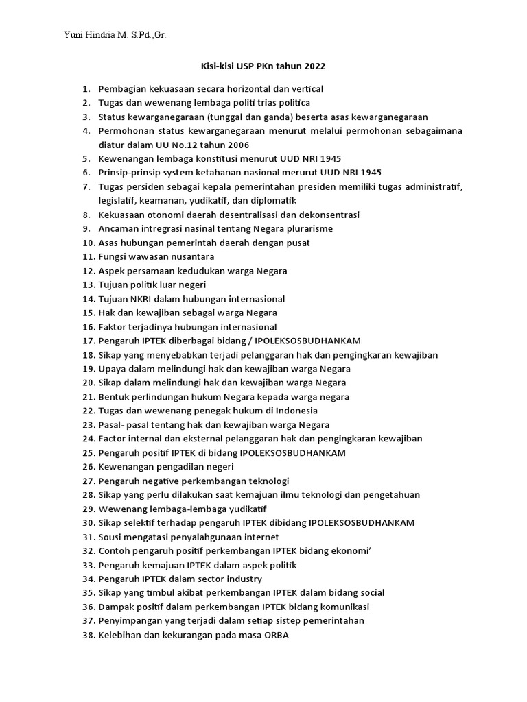 KISI KISI USP PKN 2022 | PDF