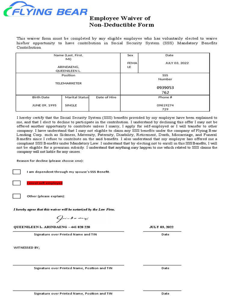 Waiver For Non-Deductible Form | PDF | Social Security (United States ...