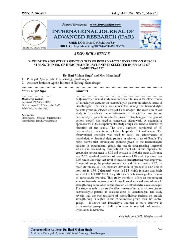 A Study To Assess The Effectiveness of Intradialytic Exercise On Muscle ...