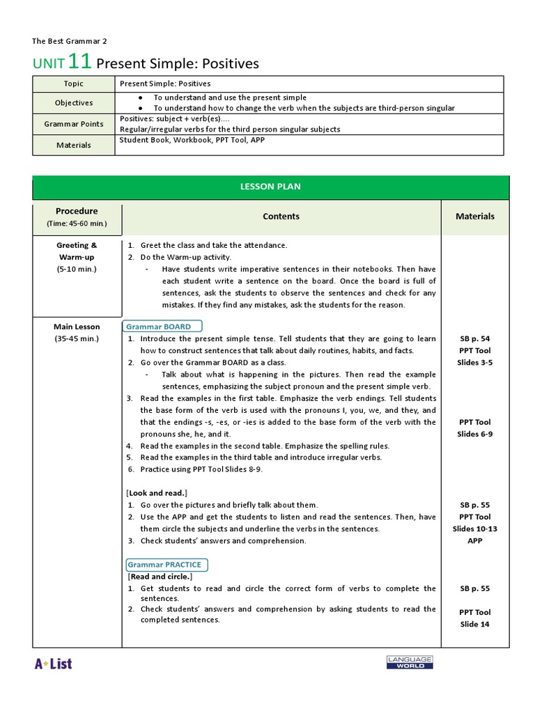 TBG2 - Lesson Plan - Unit11 | PDF | Subject (Grammar) | Verb