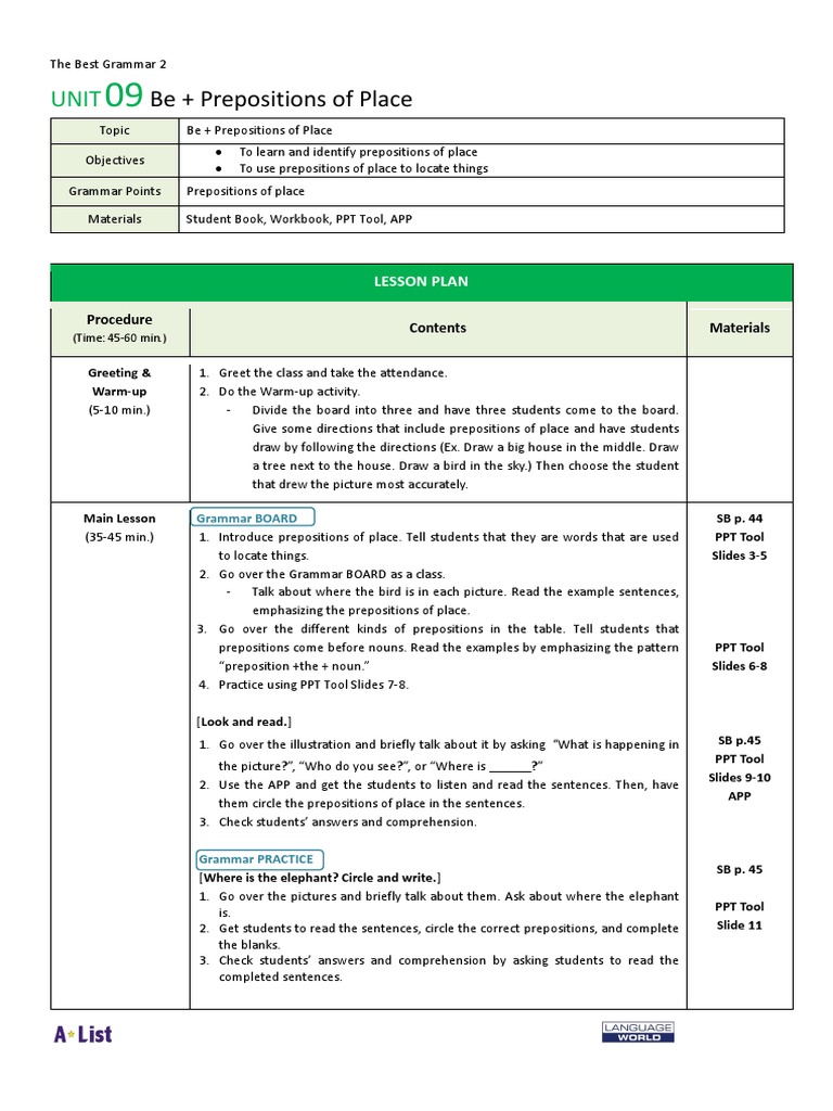 TBG2 - Lesson Plan - Unit09 | PDF | Preposition And Postposition | Object (Grammar)