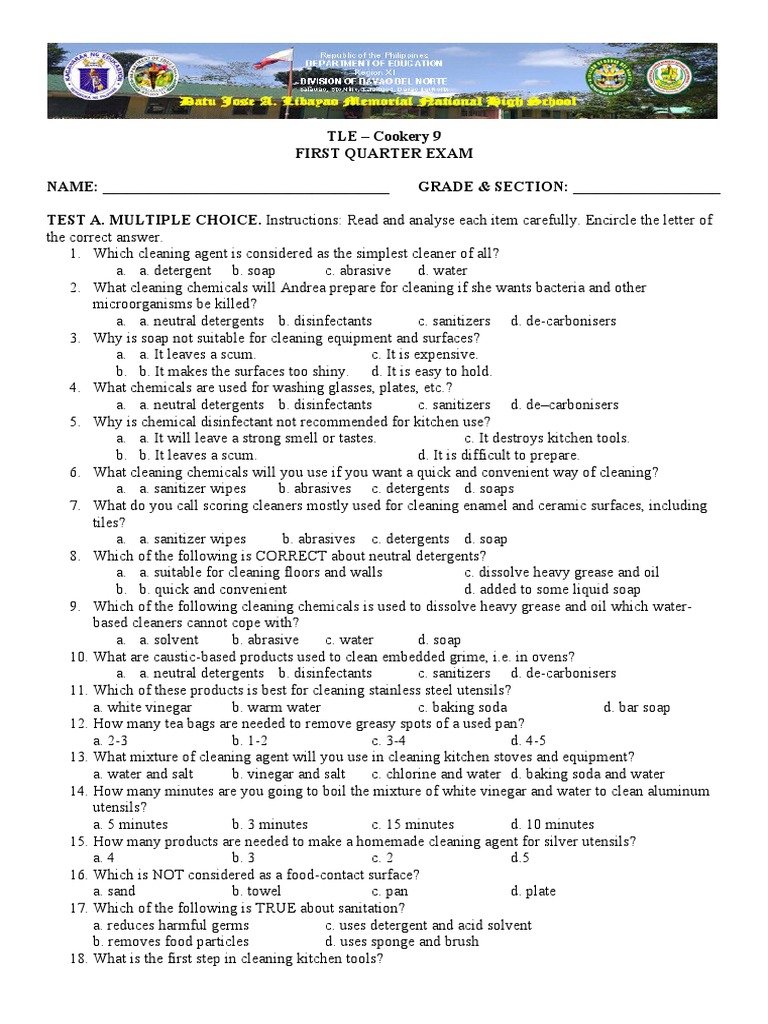 Cookery 9 - First Quarter Exam | PDF | Hors D'oeuvre | Disinfectant