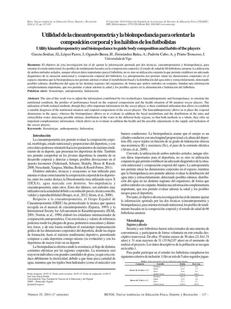 Utilidad de La Cineantropometria y La Bioimpedancia para Orientar La Composicion Corporal y Los ...