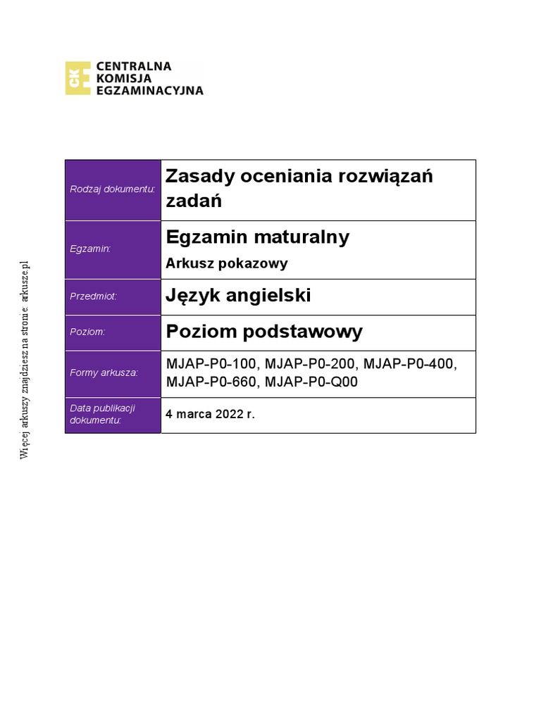 Jezyk Angielski 2023 Przykladowy Arkusz Cke Podstawowa Odpowiedzi | PDF