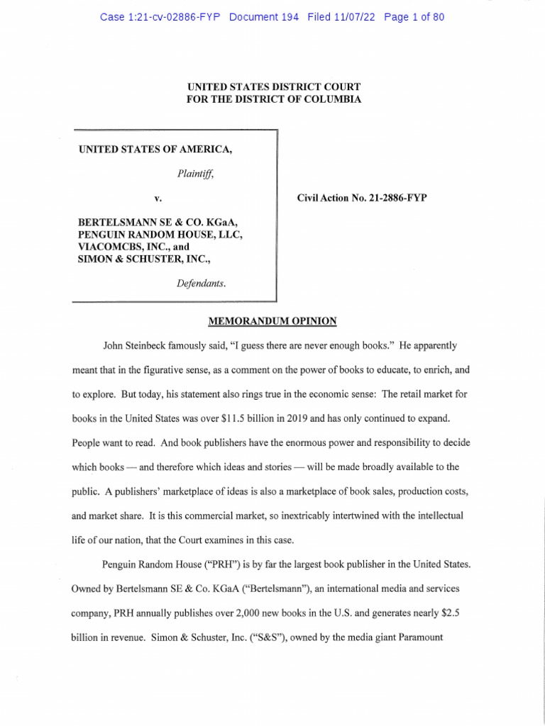 Judge Florence Pan's Decision On DOJ V Penguin Random House | PDF | Auction