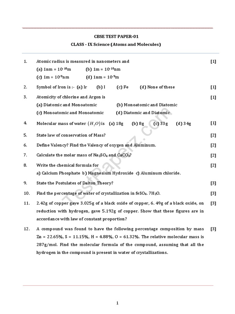Class 9 Atoms and Molecules Test Paper | PDF | Science & Mathematics