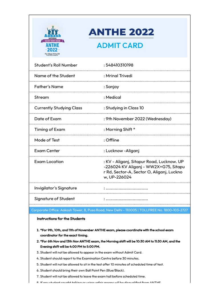 Admit Card - ANTHE | PDF