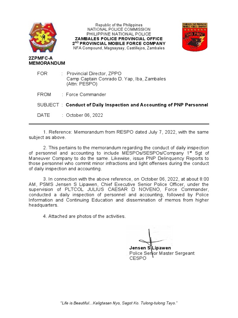 Conduct of Daily Inspection and Accounting of PNP Personnel | PDF