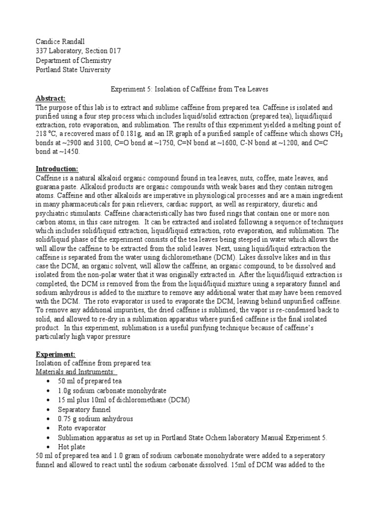 Experiment 5 Isolation of Caffeine From Tea Leaves | PDF | Chemical ...