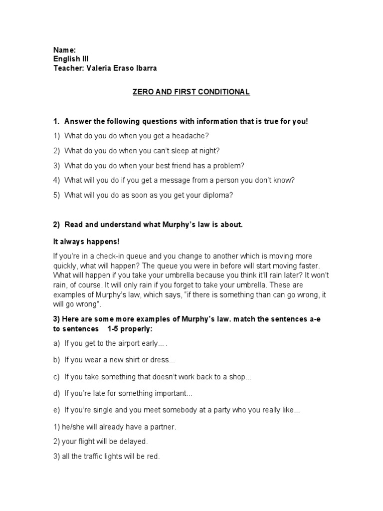 Worksheet 0 and 1st Conditionals | PDF