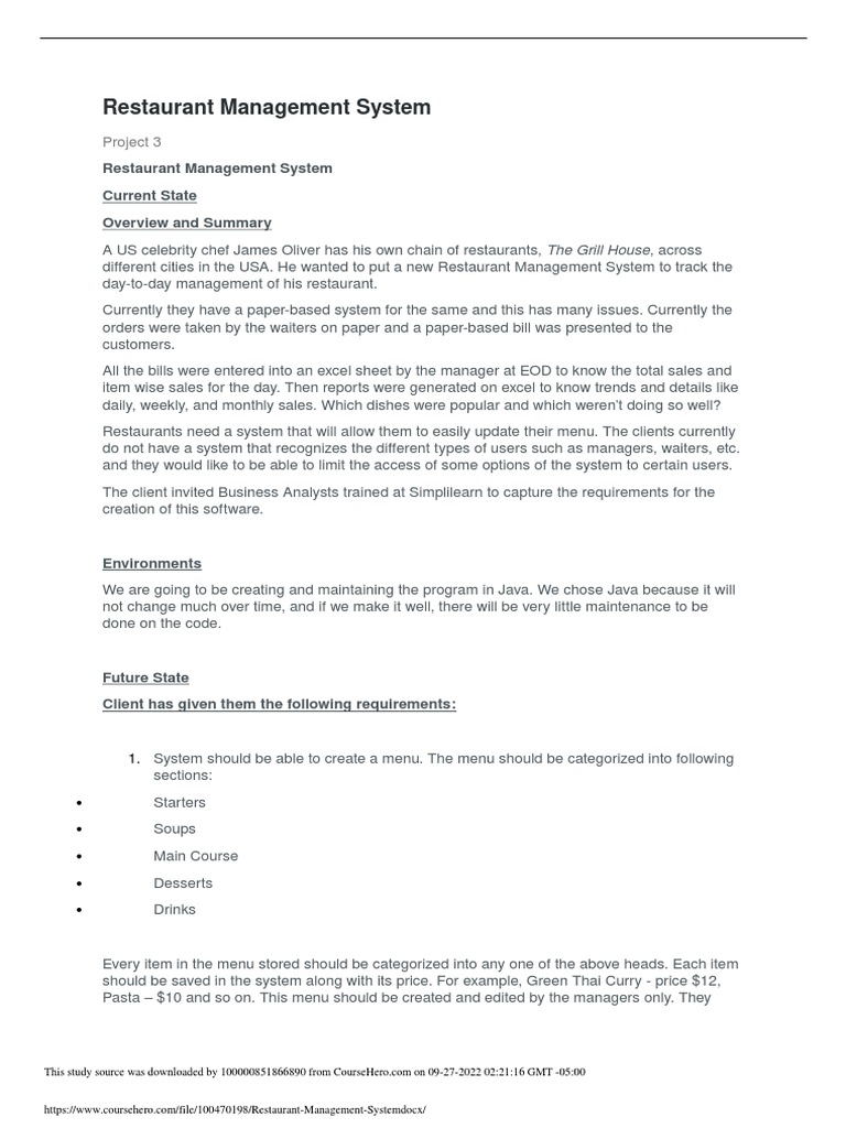 Restaurant Management System | PDF | Menu | Waiting Staff