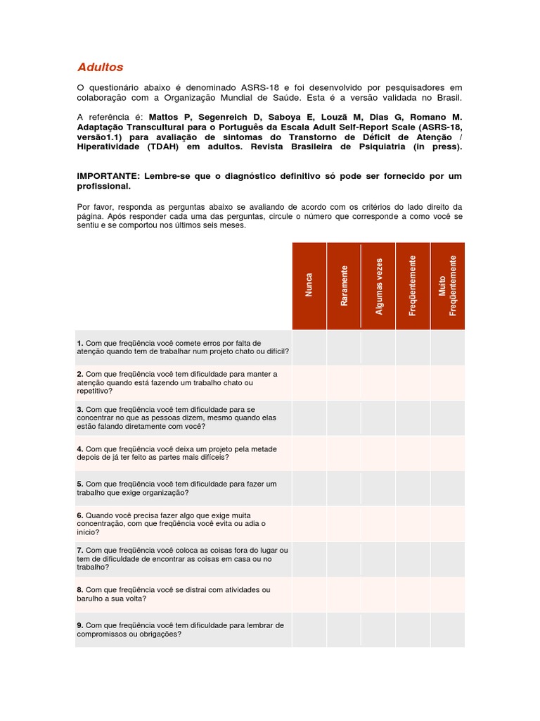 Questionário ASRS-18 para TDAH Adulto | PDF | Transtorno de déficit de ...