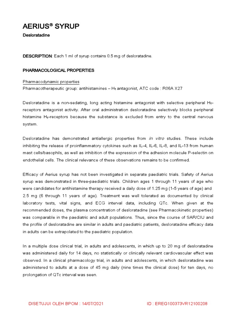 Aerius Sirup 0.5 MG Desloratadin DKI0487101137A1 2021 | PDF
