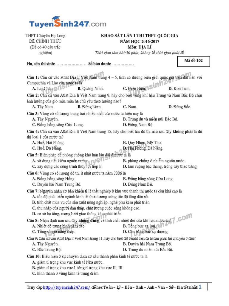 De Thi Thu THPTQG 2017 Mon Dia Ly THPT Chuyen Ha Long Quang Ninh Lan 1 de So 2 PDF | PDF