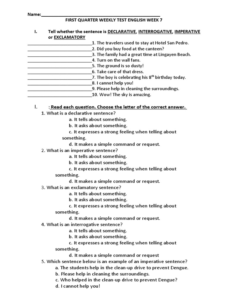 1st Quarter WEEKLY QUIZ English Week 7 | PDF