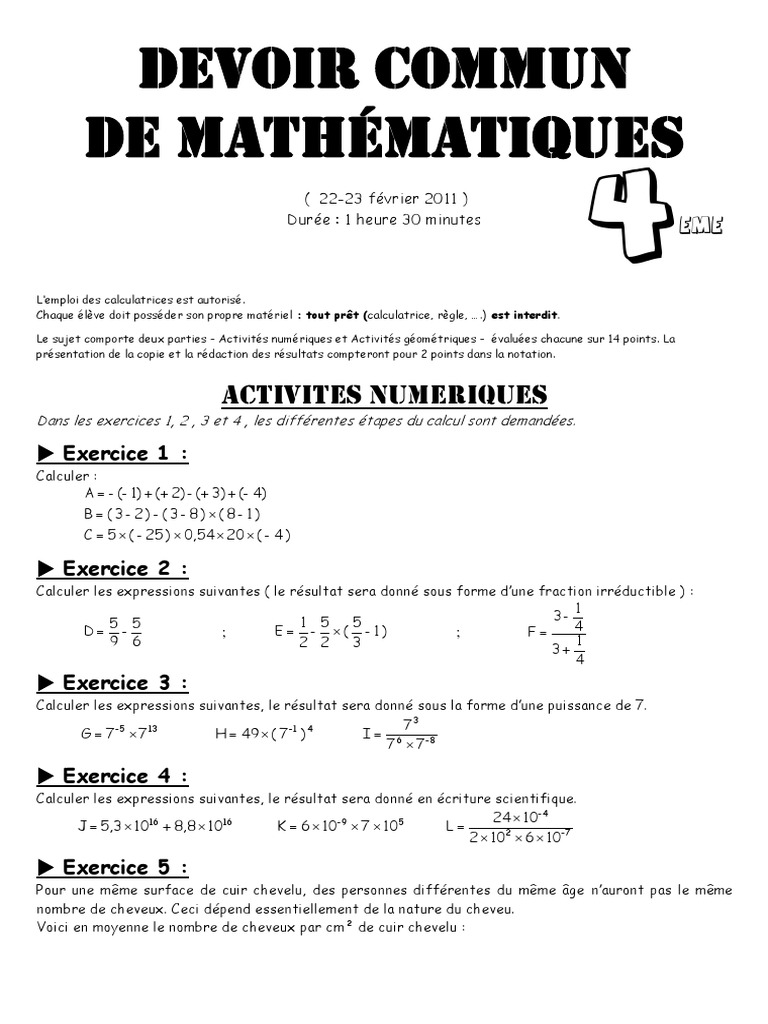 Devoir Commun de Mathematiques 4eme - 2011 Version 1 | PDF | Cheveux | Mathématiques élémentaires