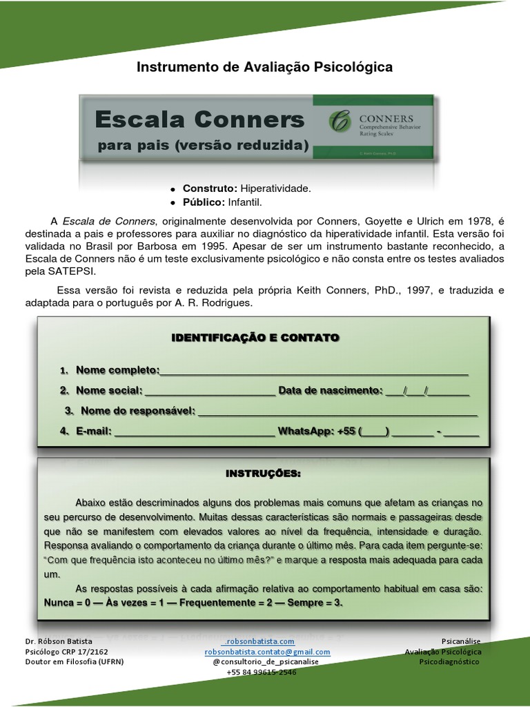 CRS-R - Escala de Conners Reduzida (Pais) @consultorio - Qual o Ponto de Corte | PDF ...