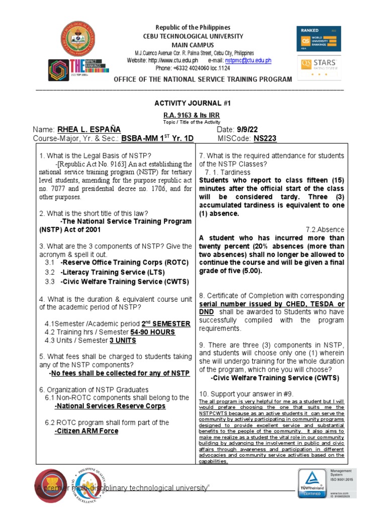 1st 22 23 Activity Journal 2 RA 9163 Its IRR | PDF