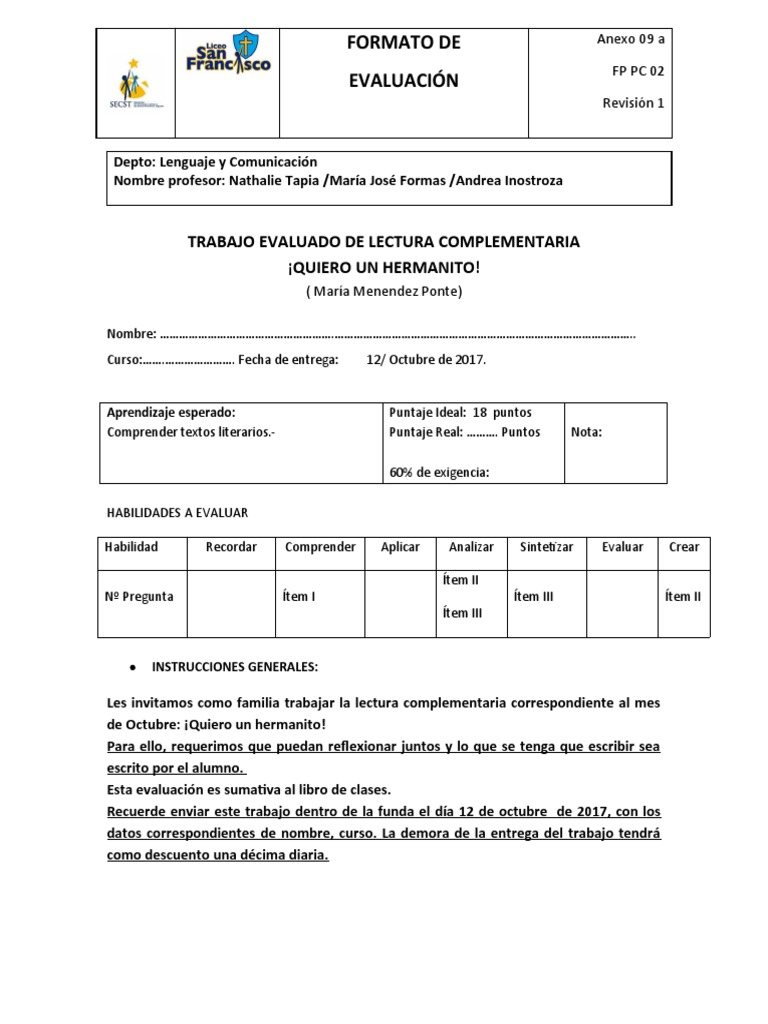 Trabajo Comprensión de Lectura de Lenguaje 1º Básicos Quiero Un Hermanito | PDF