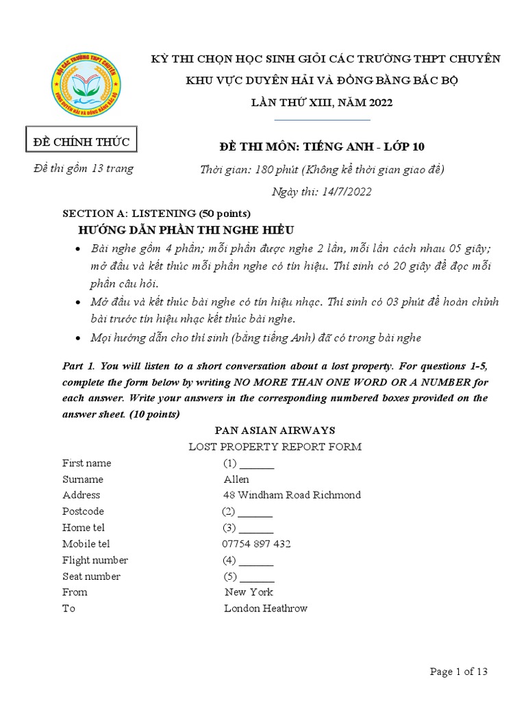 ĐỀ CHÍNH THỨC MÔN TIẾNG ANH 10 - DHBB 2022 | PDF