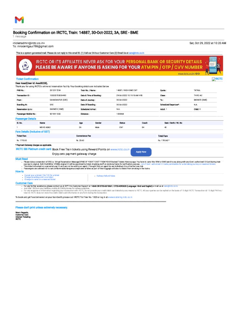 IRCTC Booking Confirmation for Train 14887 on 30-Oct from SRE to BME | PDF | Debit Card | Credit ...