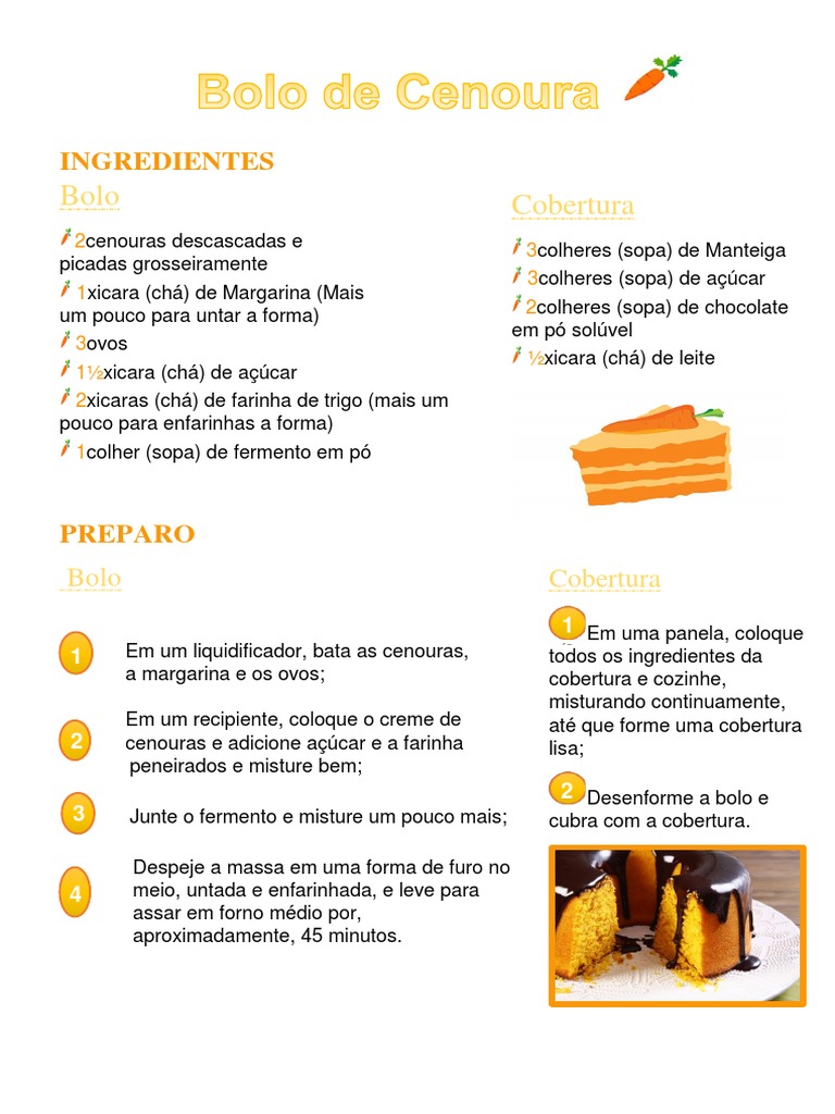 Bolo de Cenoura | Download grátis PDF | Alimentos | Comidas e bebidas