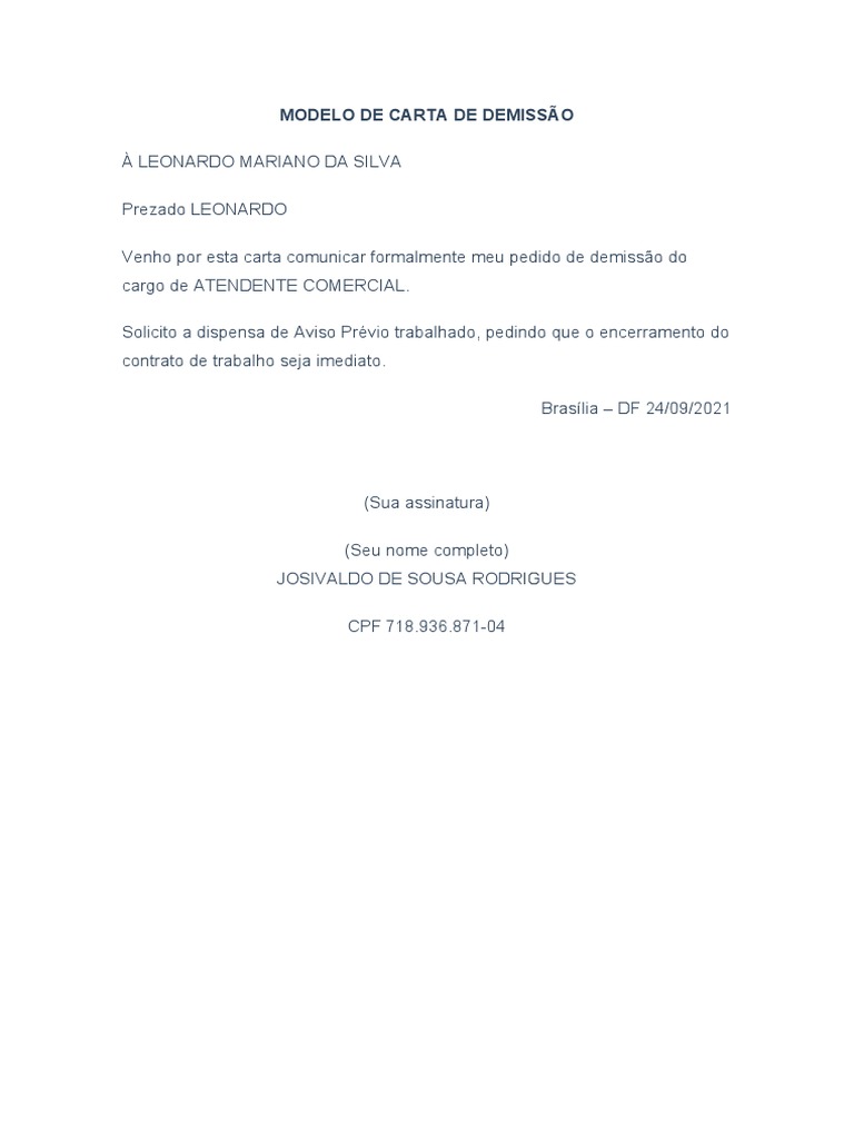 Modelo de Carta de Demissão | PDF