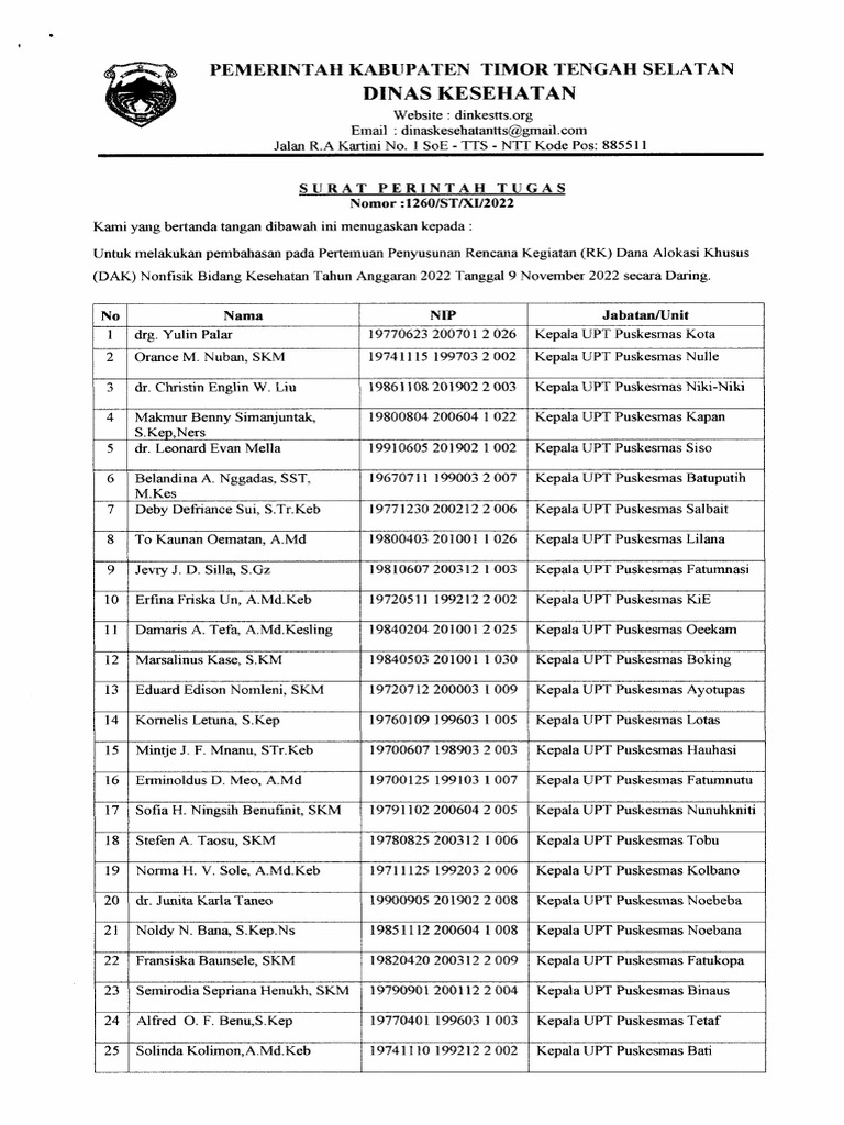 Surat Tugas Puskesmas Desk Non Fisik 2022 | PDF
