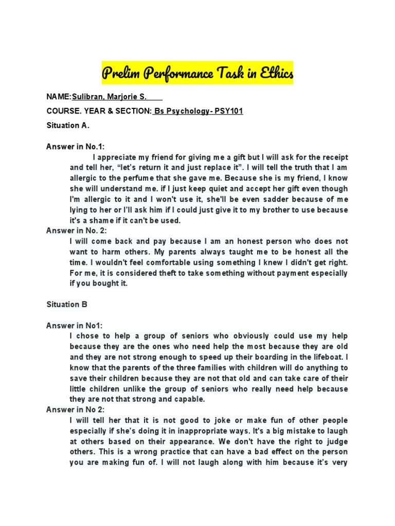 Prelim Performance Task in Ethics-Sulibran | PDF | Self-Improvement