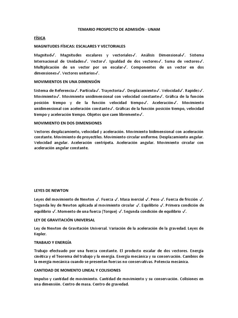 Temario Física - UNAM | PDF | Vector Euclidiano | Aceleración