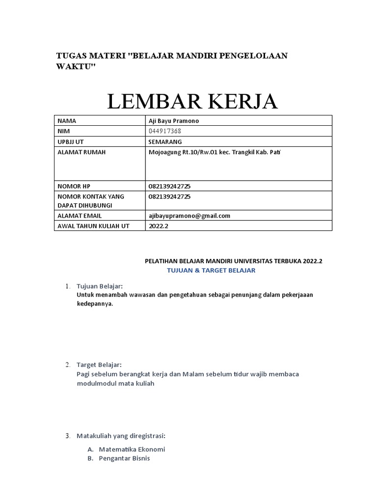 Target dan Jadwal Belajar UT 2022.2 | PDF