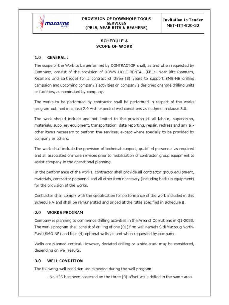 10 1 Schedule A Scope Of Work Itt Down Hole Tools Pdf Specification Technical