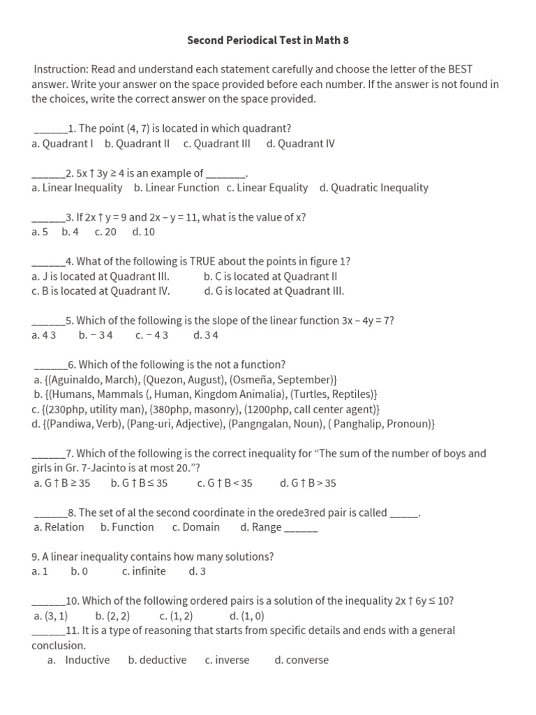 Math 8 Second Periodical Test Guide | PDF | Function (Mathematics ...