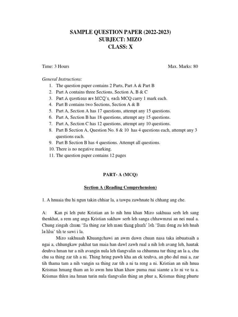 Mizo Class X Sample Question Paper (2022-2023 | PDF