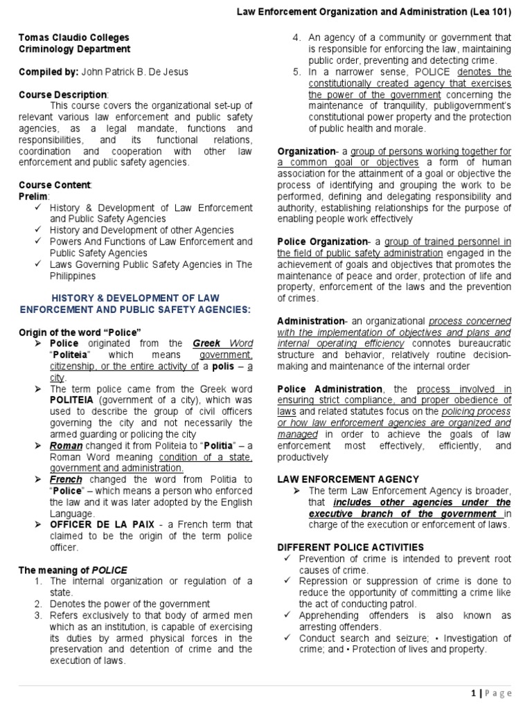 LEA 101 Notes | PDF | Police | Government