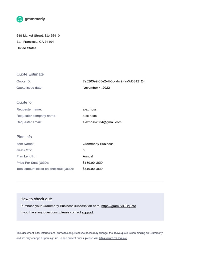 Grammarly Business Quote Estimate | PDF
