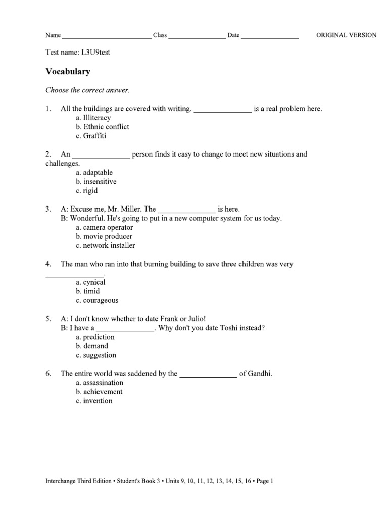 Interchange 3 Units 13-16 Quiz (With No Answer Sheets) | PDF