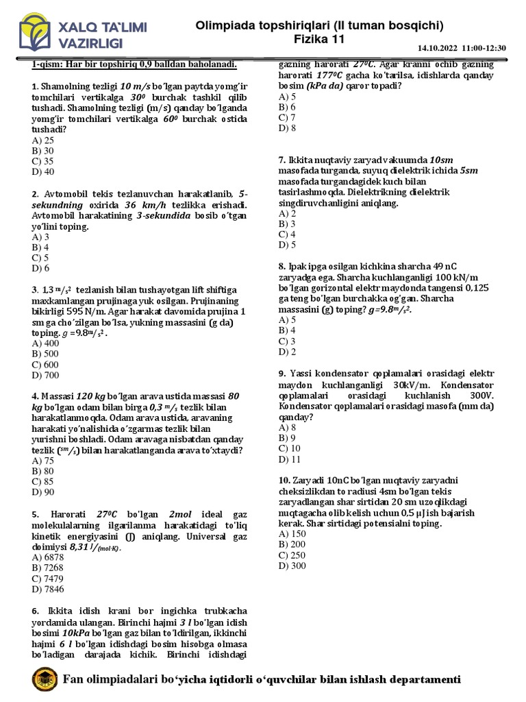 Fizika Savollar UZB 11 | PDF