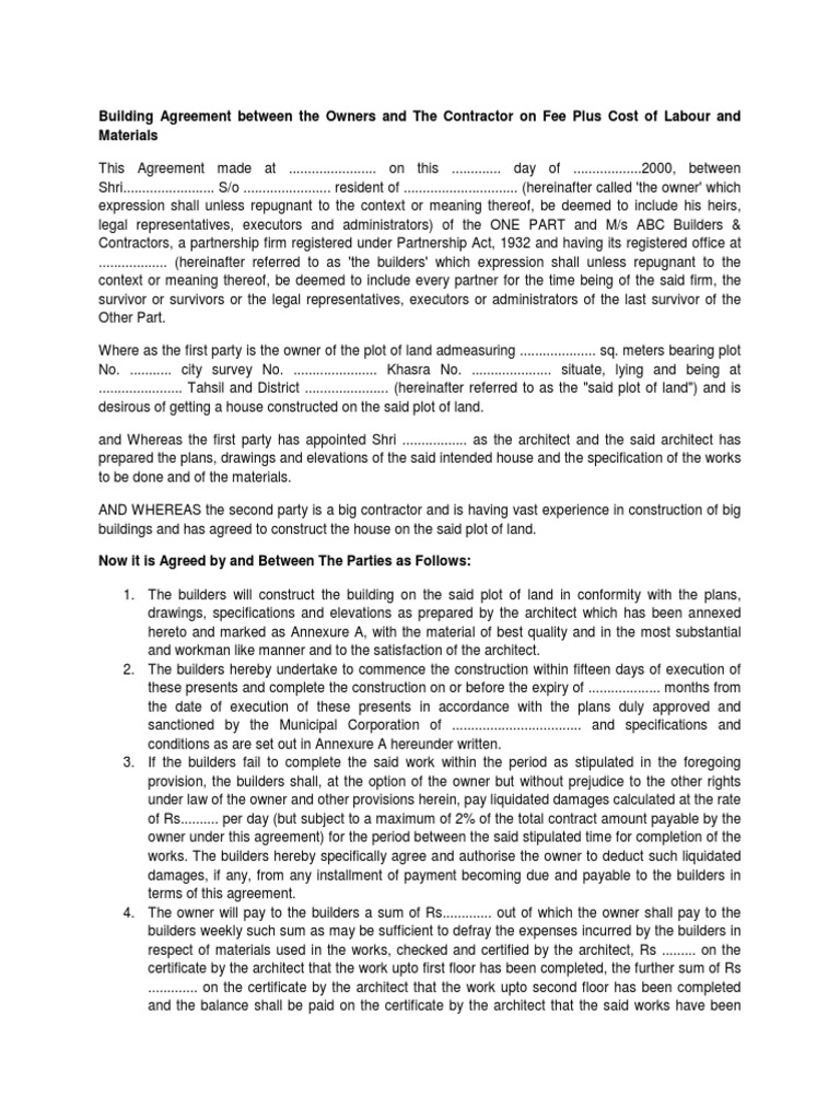 Building Labour Contract Agreement Template | PDF | Arbitration | Architect