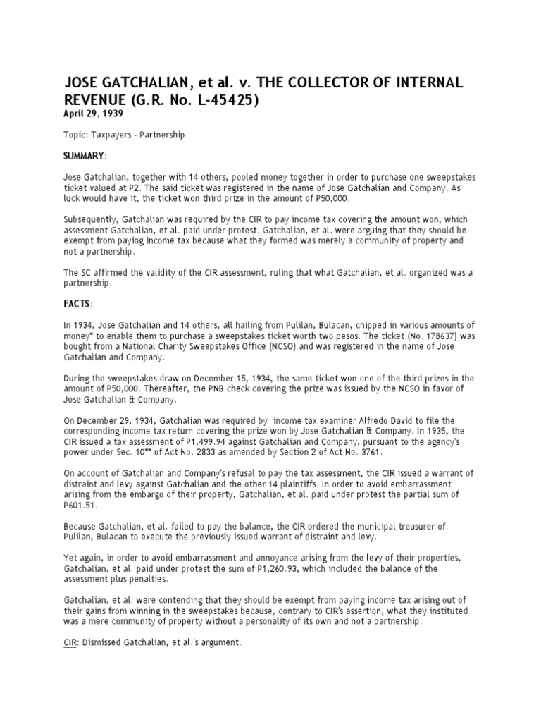 Gatchalian v. Collector, 67 Phil 666 | PDF | Taxes | Income Tax