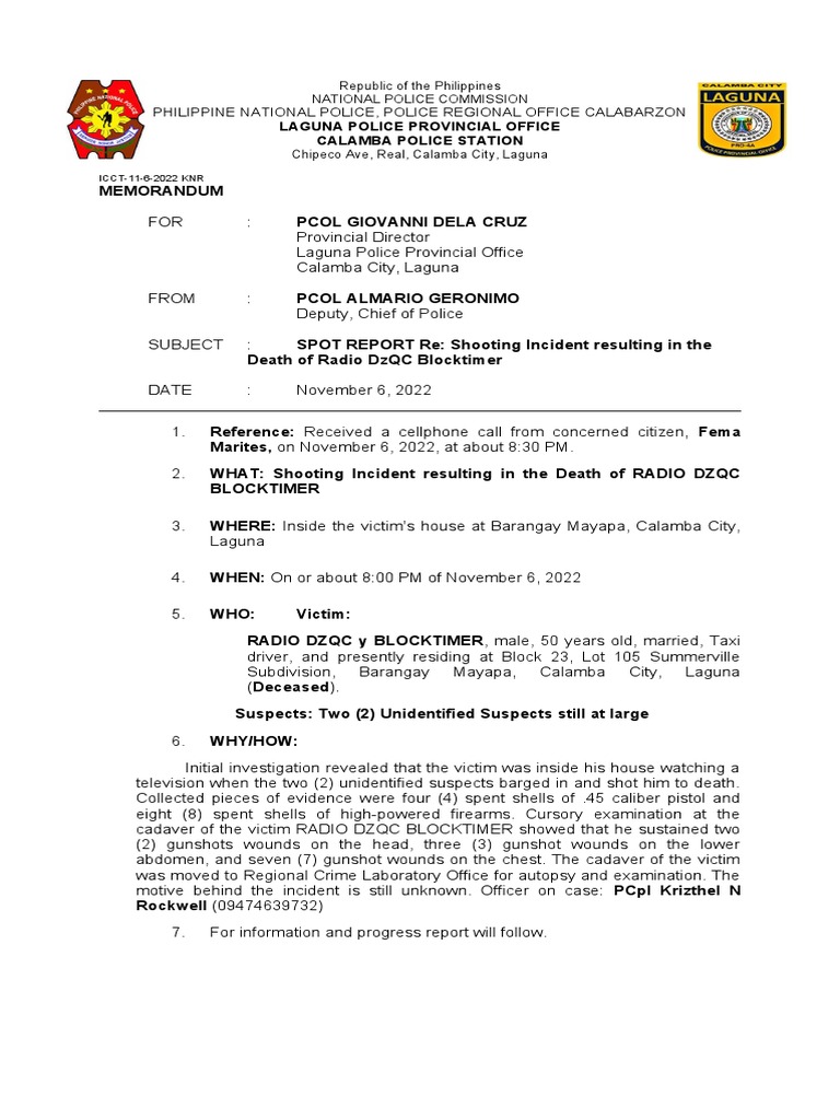 Spot Report - Shooting Incident | PDF | Murder | Crimes