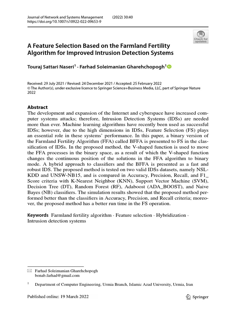 A Feature Selection Based On The Farmland Fertility Algorithm For Improved Intrusion Detection ...