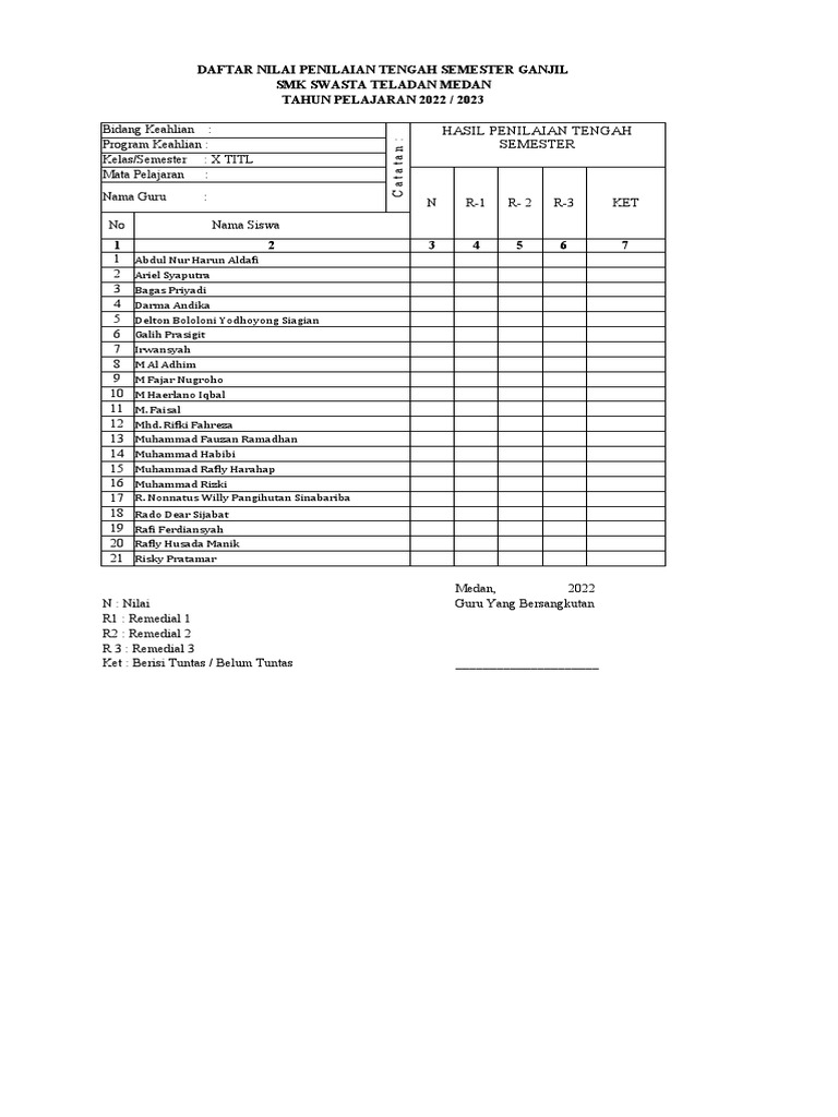 Form Nilai PTS | PDF