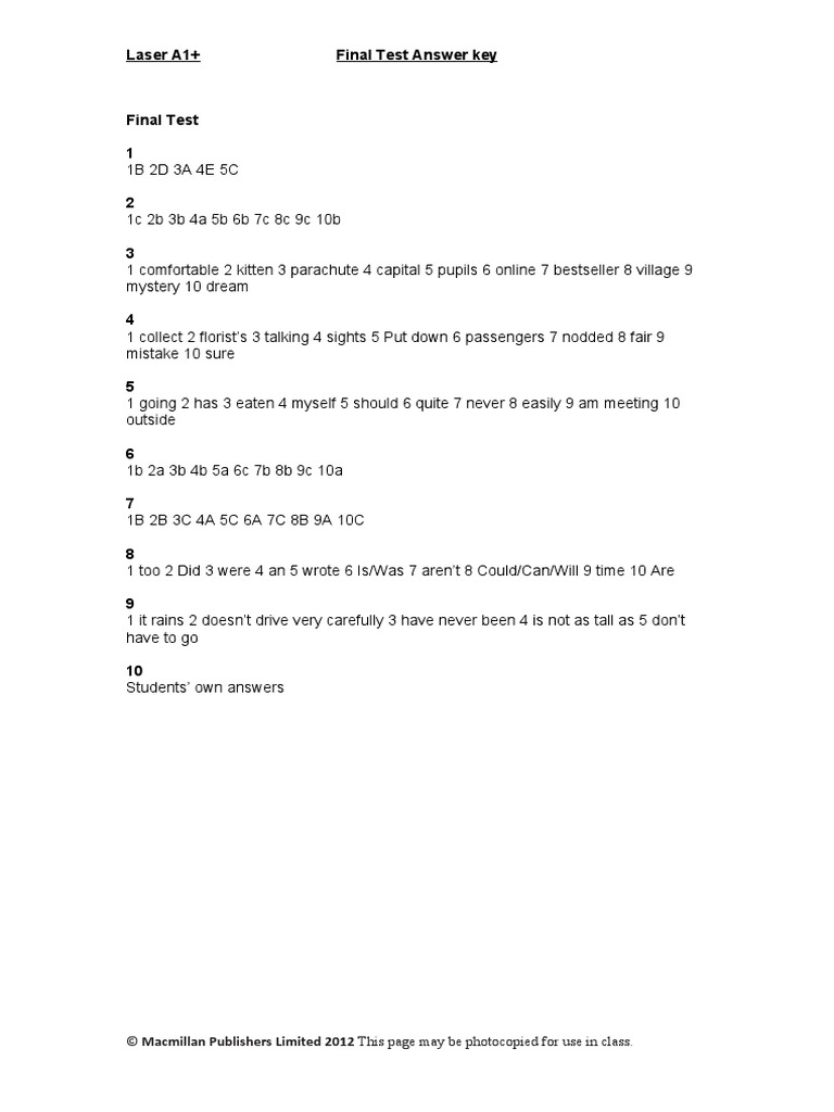 Final Test Answer Key | PDF | Teaching Methods & Materials